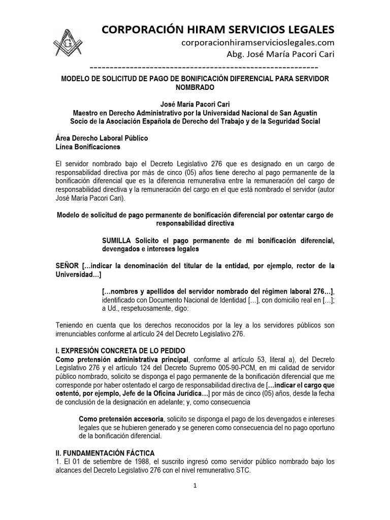 MODELO DE SOLICITUD DE PAGO DE BONIFICACIÓN DIFERENCIAL - AUTOR JOSÉ ...
