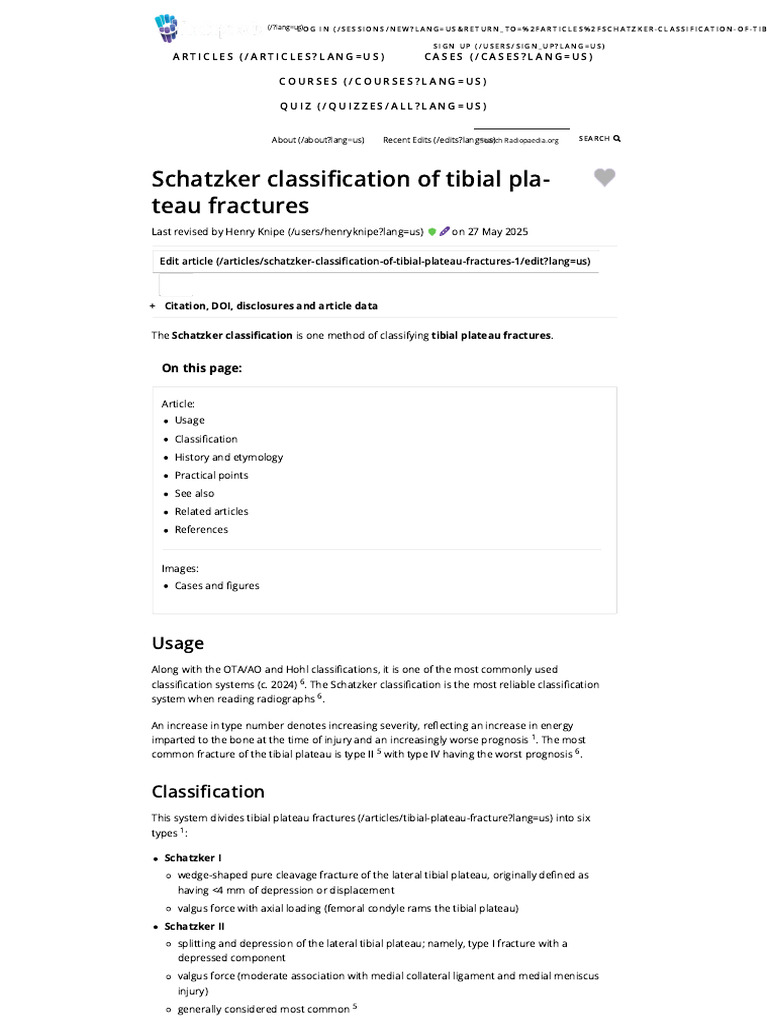 Schatzker Classification of Tibial Fractures | PDF | Injury | Joints
