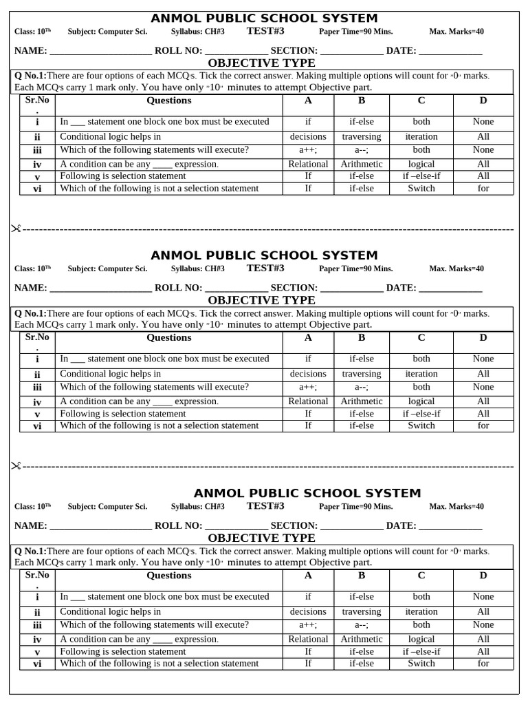 Class 10 Computer Science Test 3 Syllabus | PDF | Multiple Choice ...