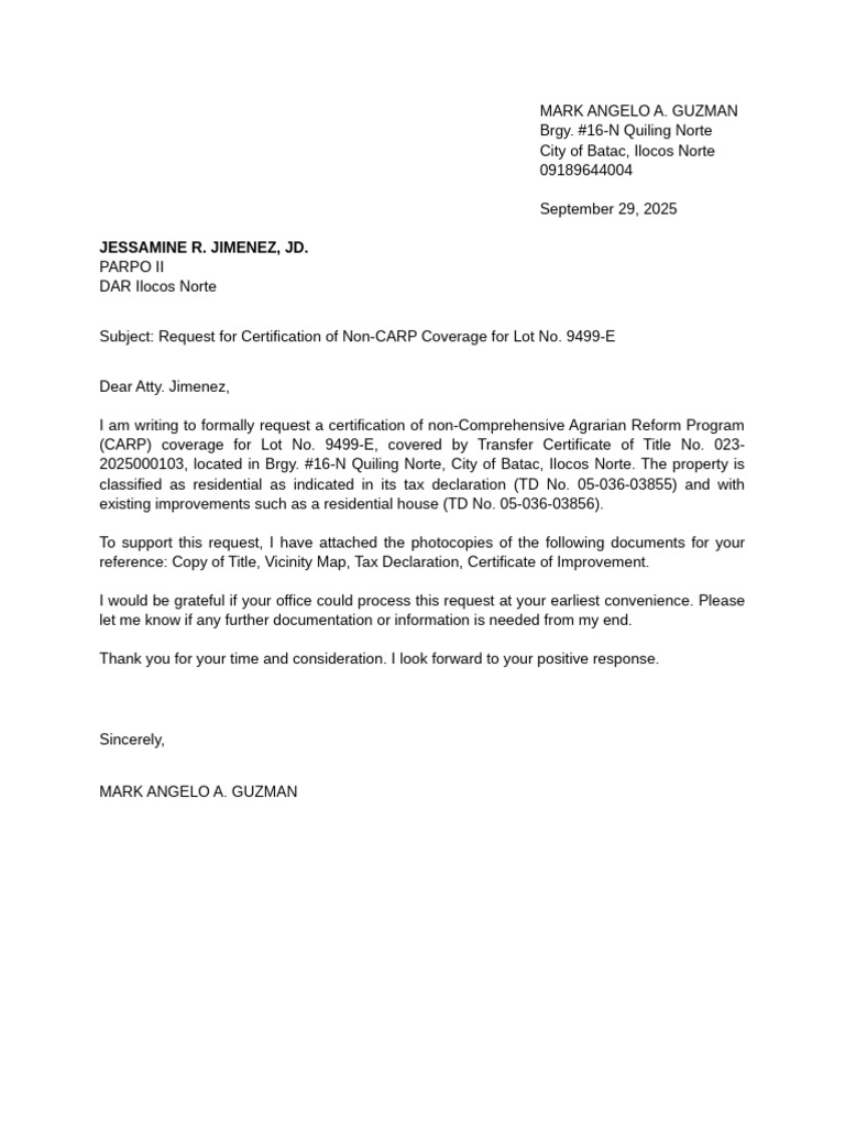 Letter Request to DAR for Certification of Non-CARP Coverage | PDF