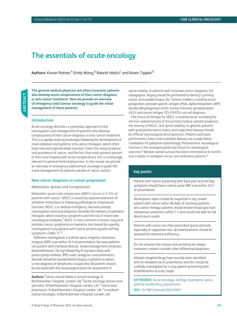 The Essentials of Acute Oncology (Clinical Medicine 2023) | PDF ...