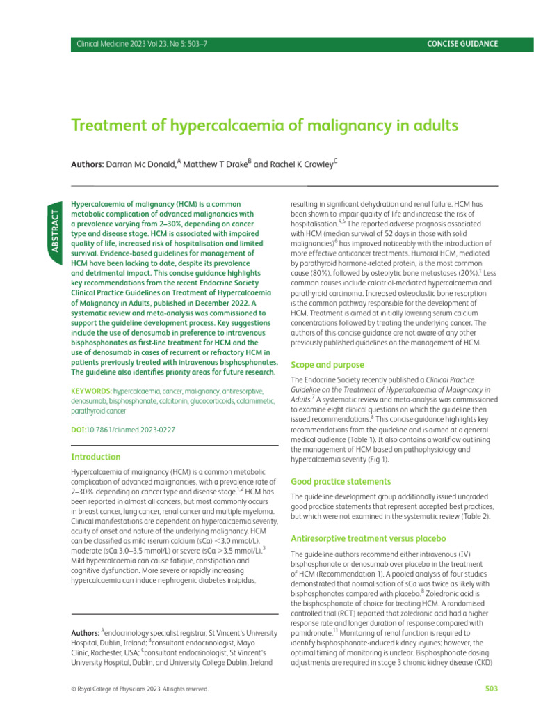 Treatment of Hypercalcaemia of Malignancy in Adults (Clinical Medicine ...