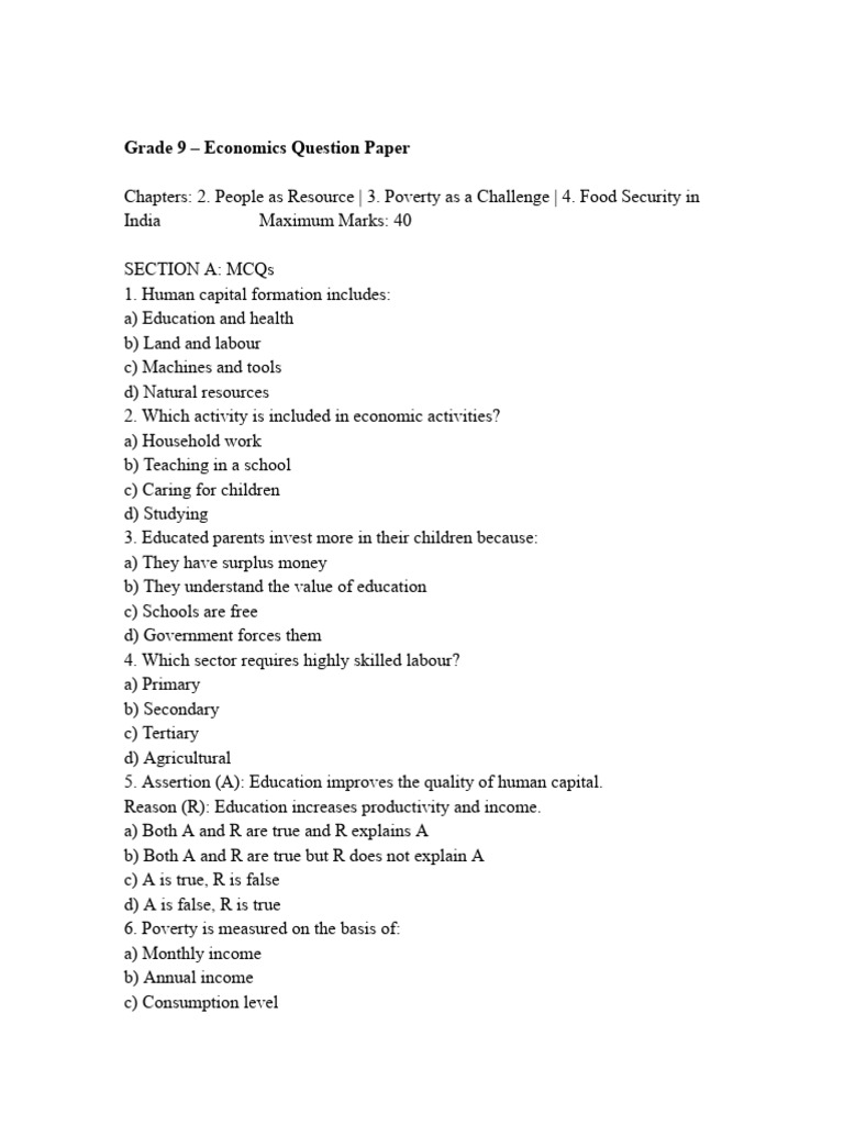 Grade 9 Economics Exam: Key Topics | PDF | Poverty | Poverty & Homelessness