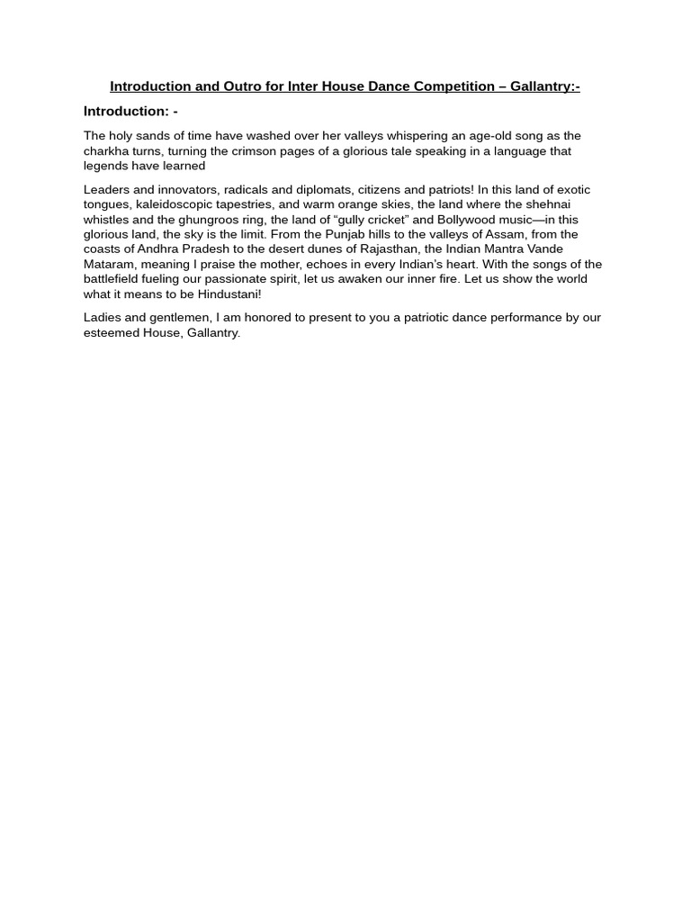 Introduction and Outro for Inter House Dance Competition | PDF