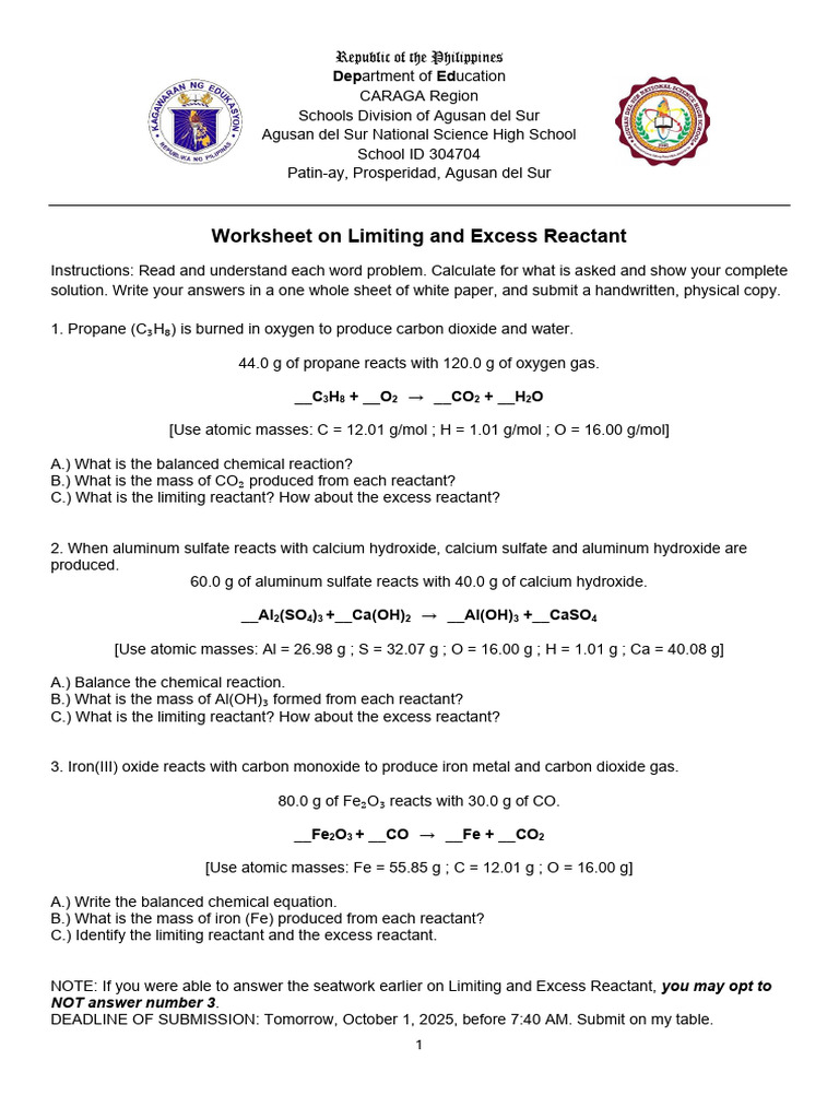 Limiting and Excess Reactant Worksheet | PDF | Oxide | Iron