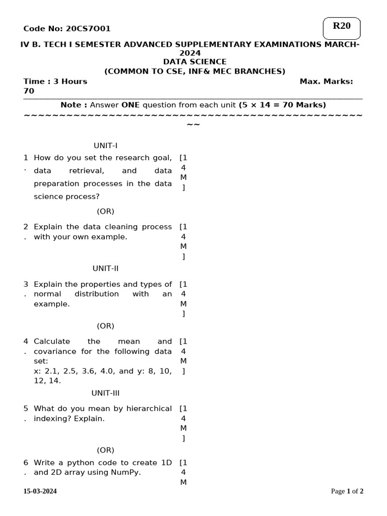 --Cse, Inf & Mec - 20cs7o01 & 20it7o01 - Data Science (Same Paper for ...