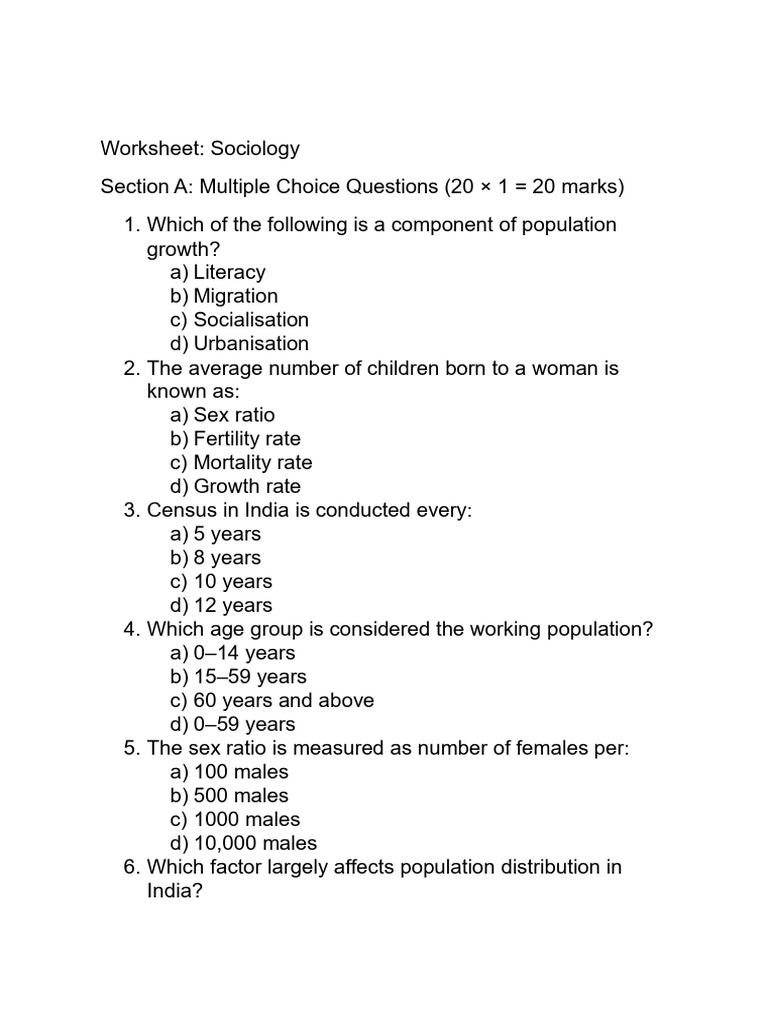 Sociology Worksheet: Population & Family | PDF | Family | Kinship And ...
