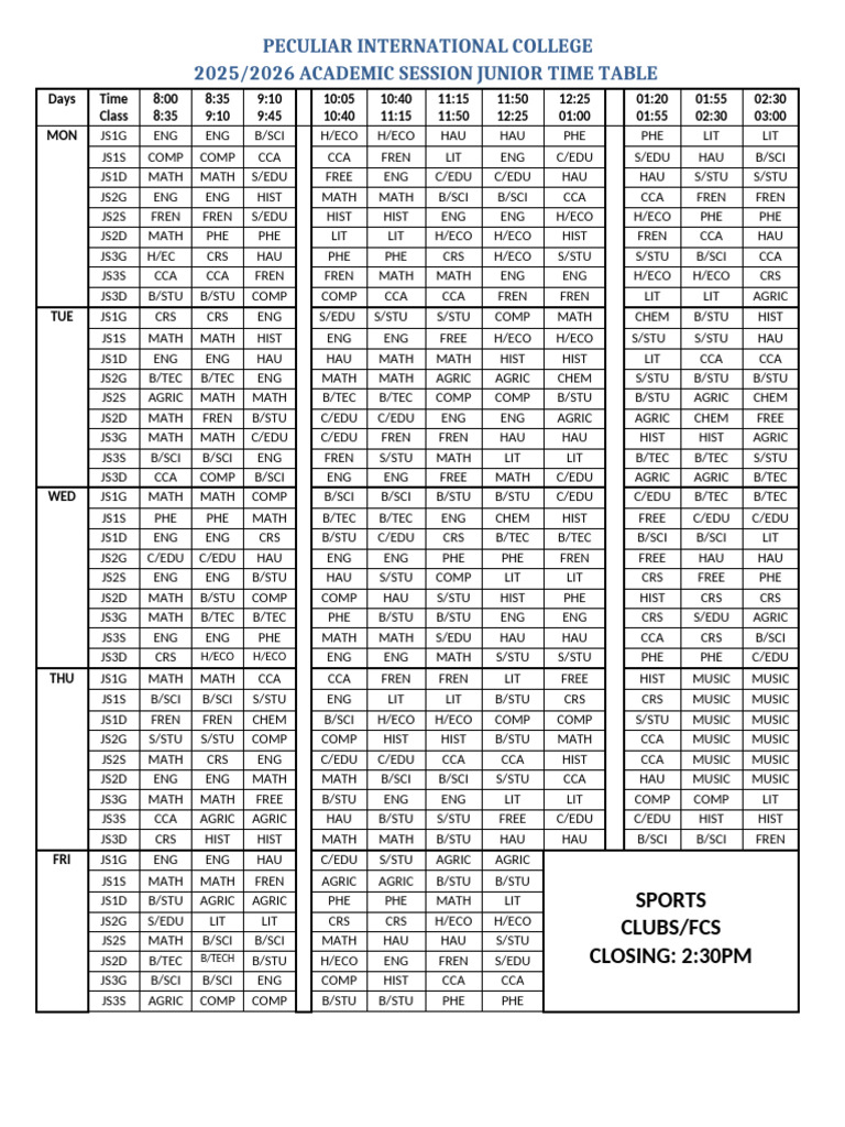 1st Term Junior Time Table 2026 - Corrected - For Merge New-1 | PDF