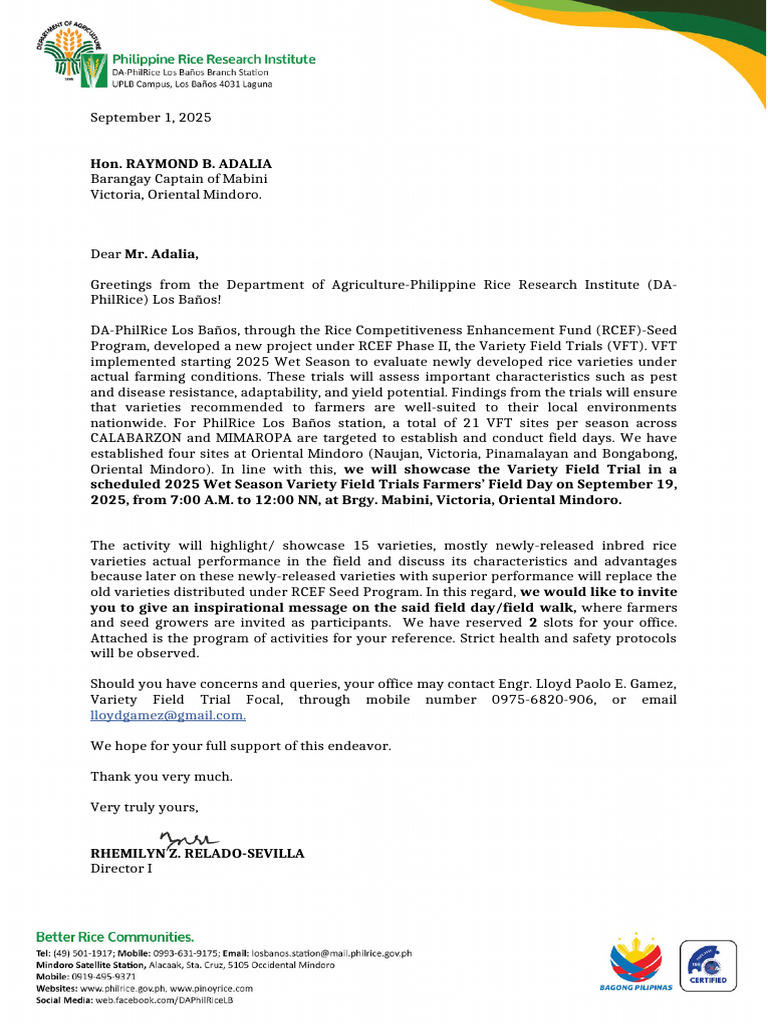 Invitation Letter For VFT Grand Field Day DA LGU Victoria Mabini | PDF