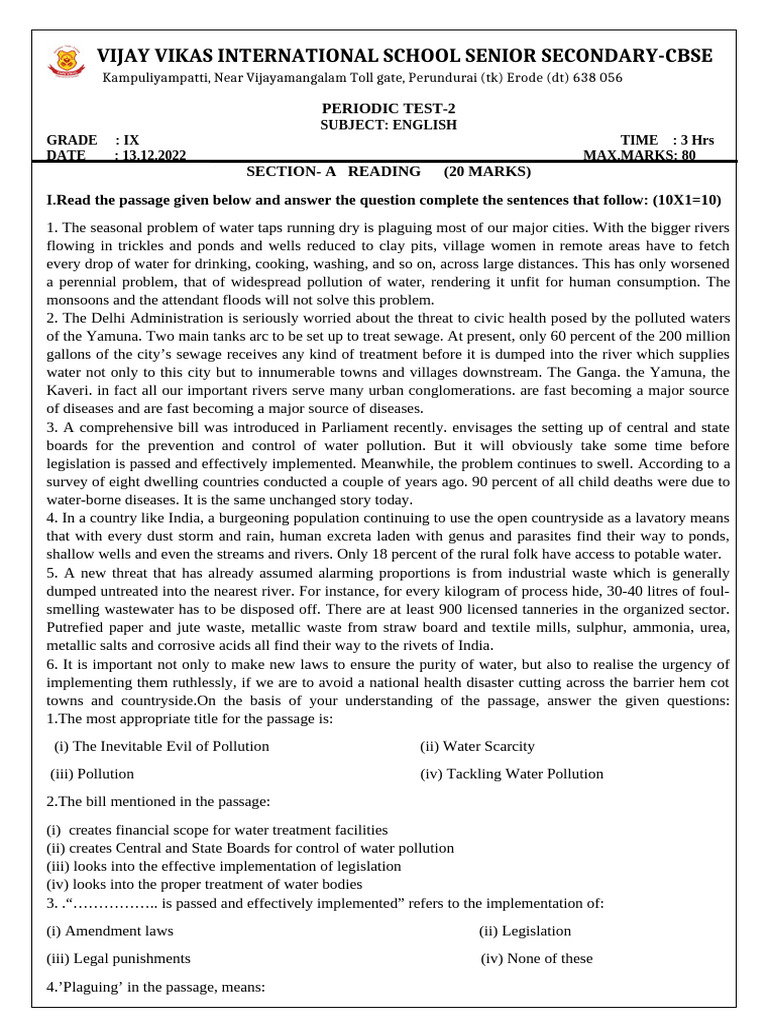 9th Periodic Test 2 | PDF | Water | Water Pollution