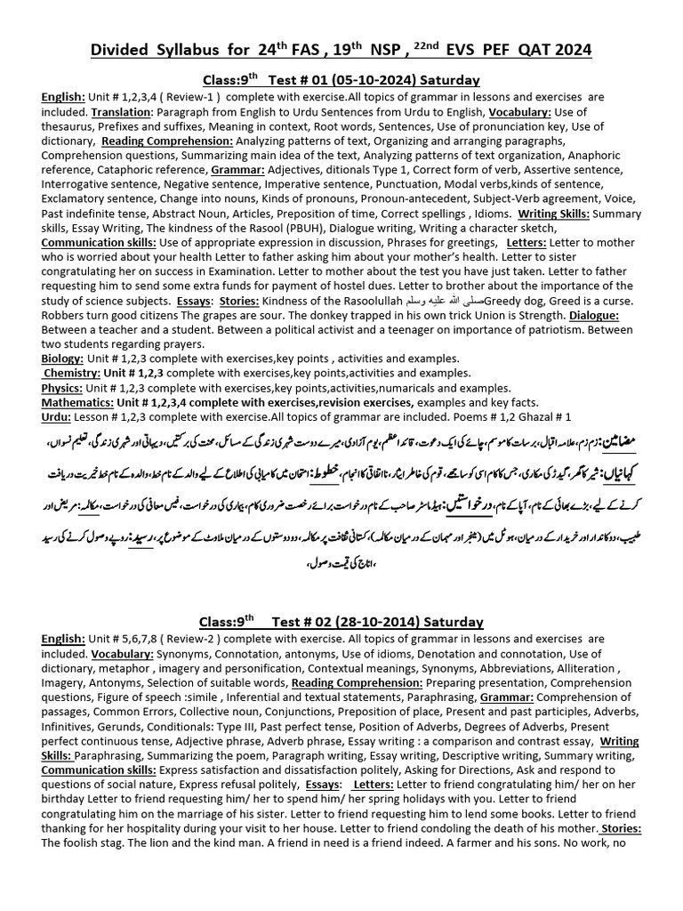 9th Grade Full Syllabus 2024 | PDF | English Language | Verb
