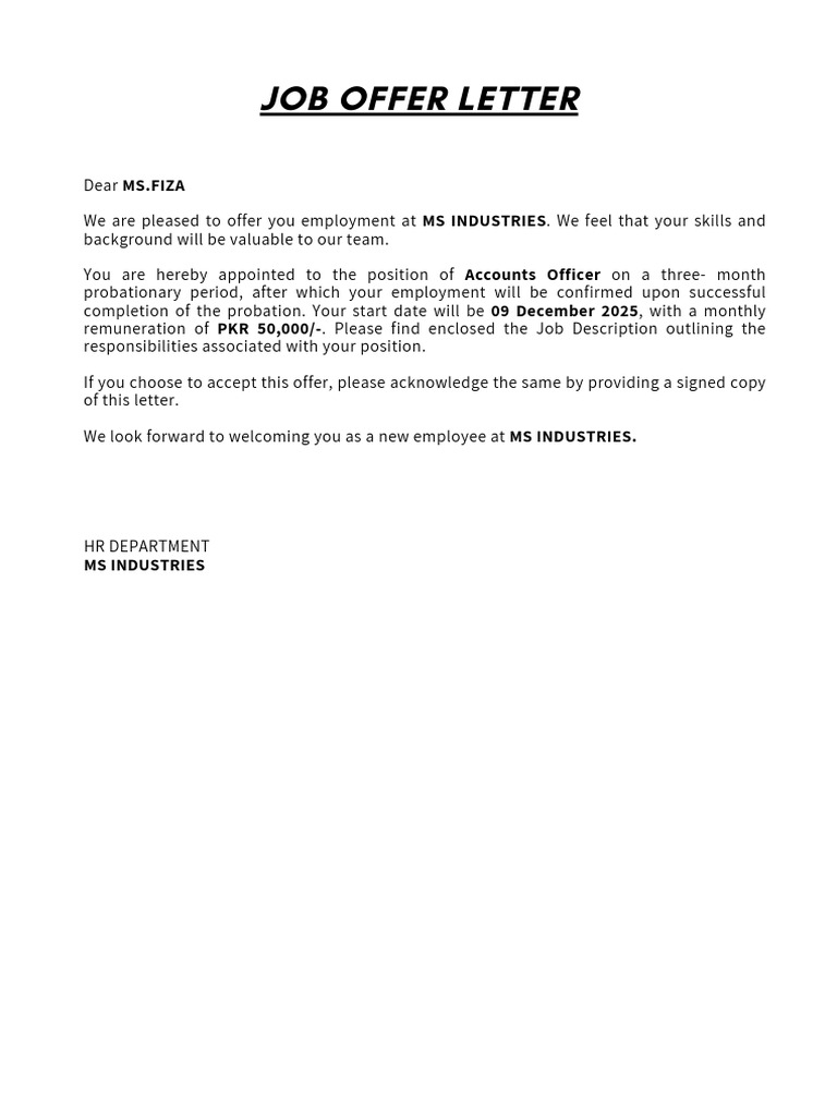 Job Offer Letter to Ms. Fiza (5) | PDF