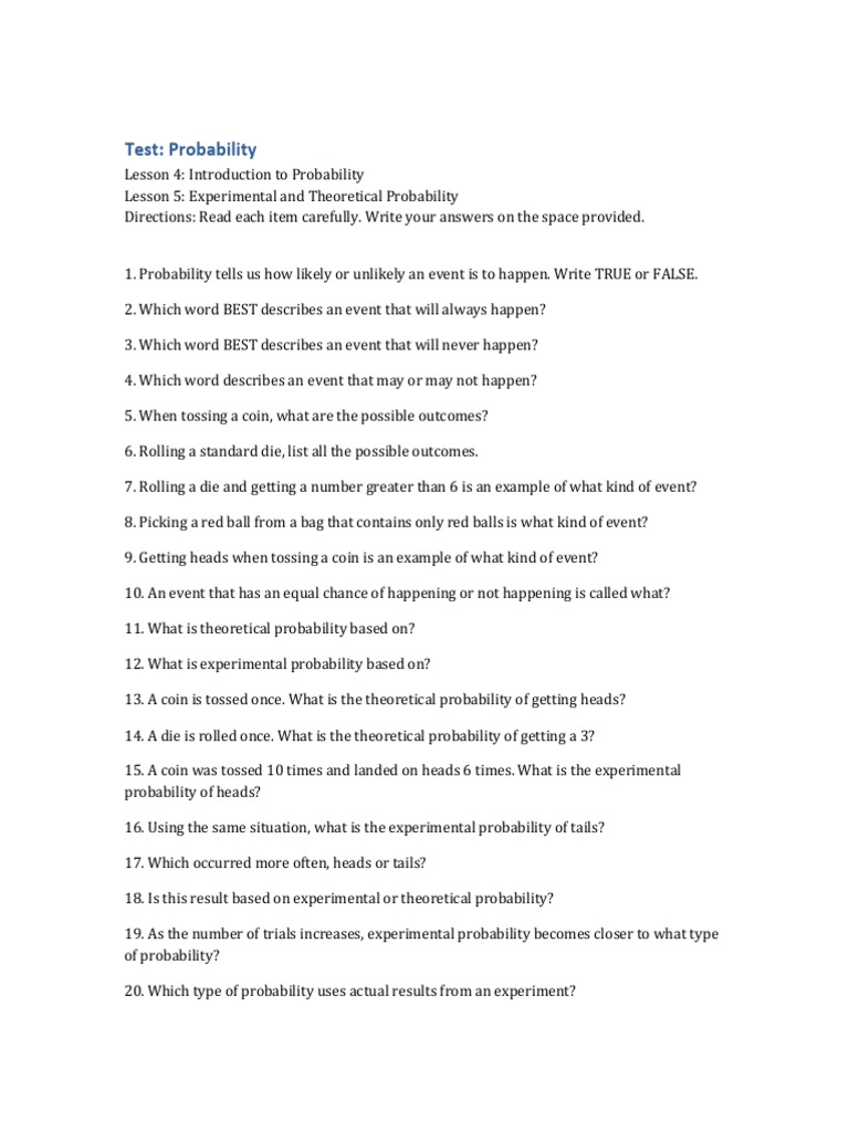 Probability Test Lesson 4 and 5 | PDF
