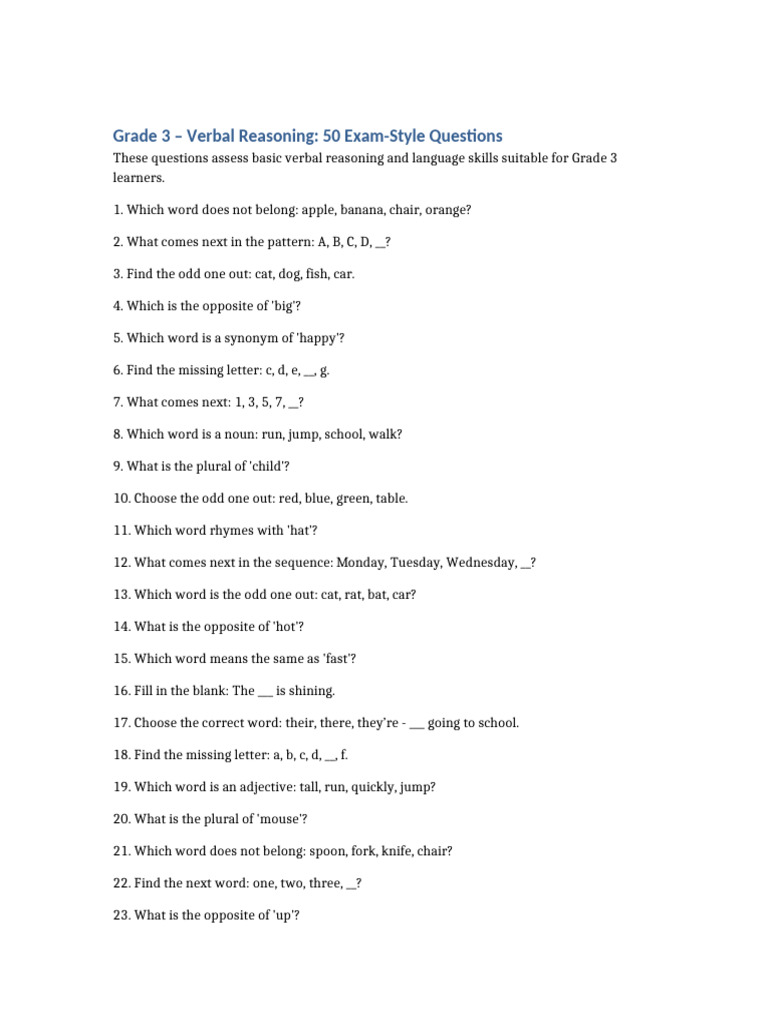 Grade 3 Verbal Reasoning Exam Style Questions | PDF | Plural | Word