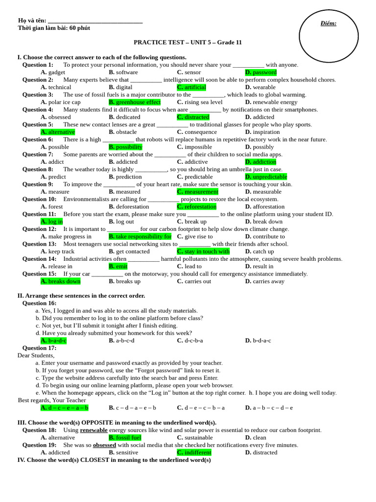 Grade 11 Unit 5 Practice Test | PDF | Climate Change | City
