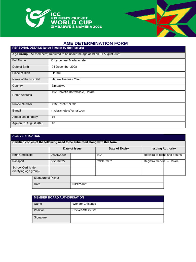 Age Determination Form - Icc u19 Men's Cwc 2026 | PDF