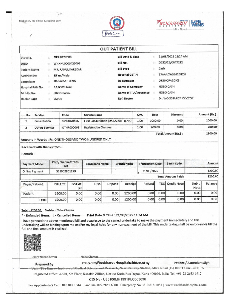 All Hospital Payment Reciepts (Wockhardt & Thunga Hospital) | PDF