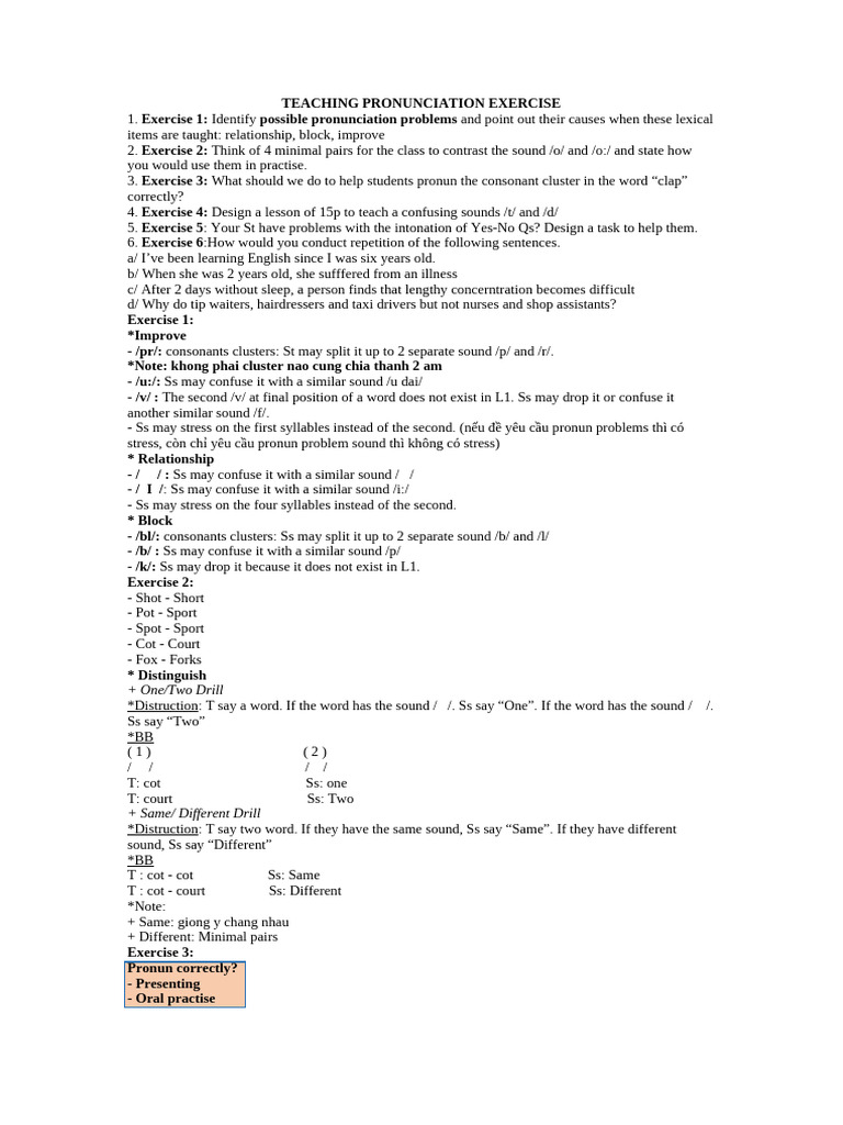 Pronunciation Teaching Exercises Guide | PDF | Stress (Linguistics ...