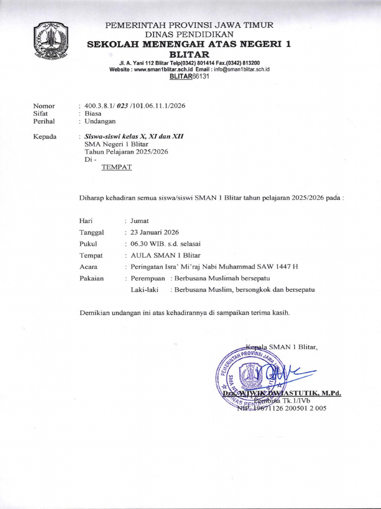 Undangan Peringatan Isra' Mi'raj SMAN 1 Blitar | PDF