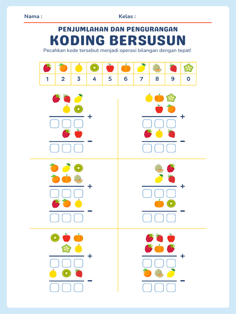 Koding Bersusun Penjumlahan Dan Pengurangan Lembar Kerja Biru ...