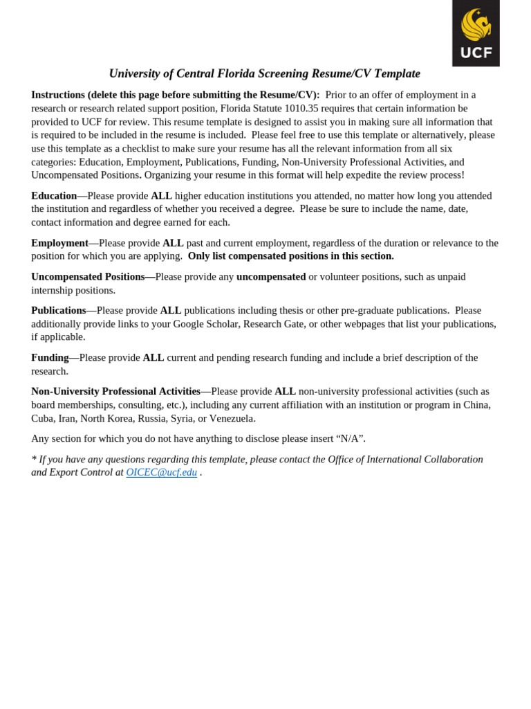 UCF Resume/CV Template for Research Positions | PDF | Résumé