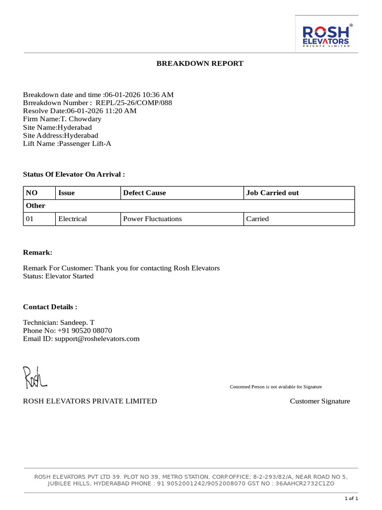Rosh Elevators Breakdown Report | PDF