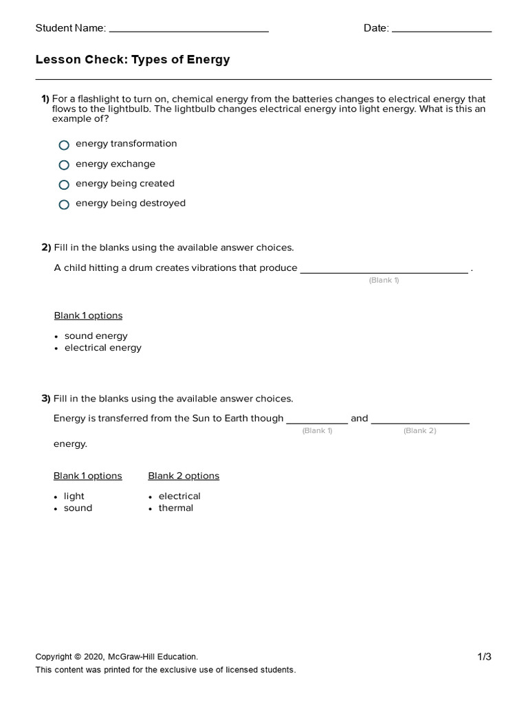 Types of Energy Lesson Check | PDF | Physical Quantities | Physics