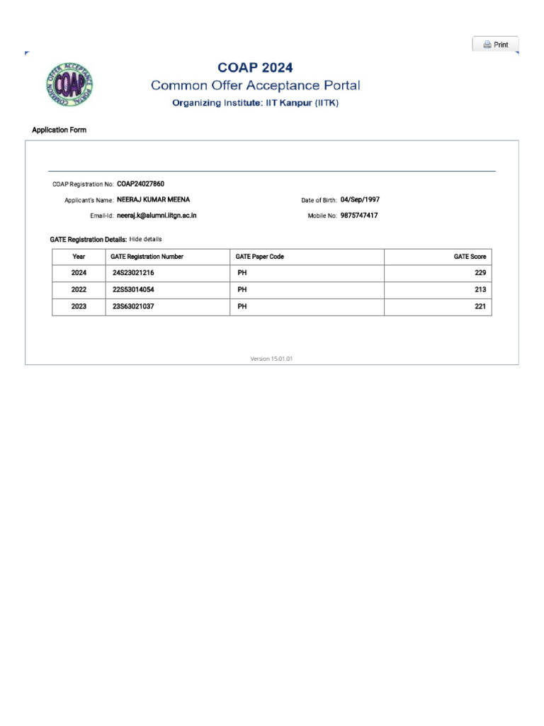 GATE Application Form for Neeraj Kumar Meena | PDF
