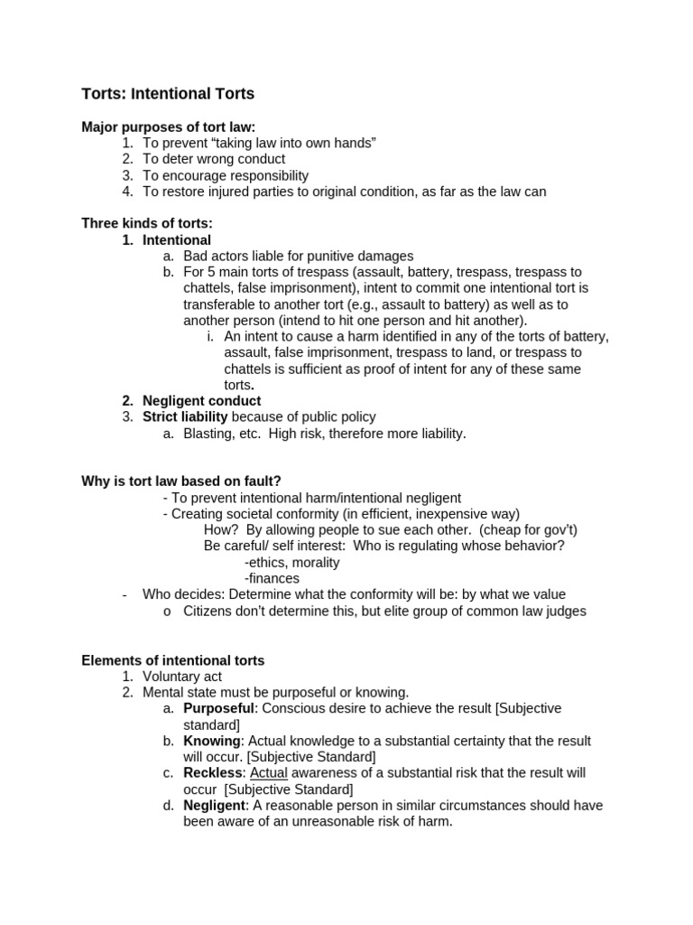 Intentional Torts Outline | PDF | Trespass | Tort