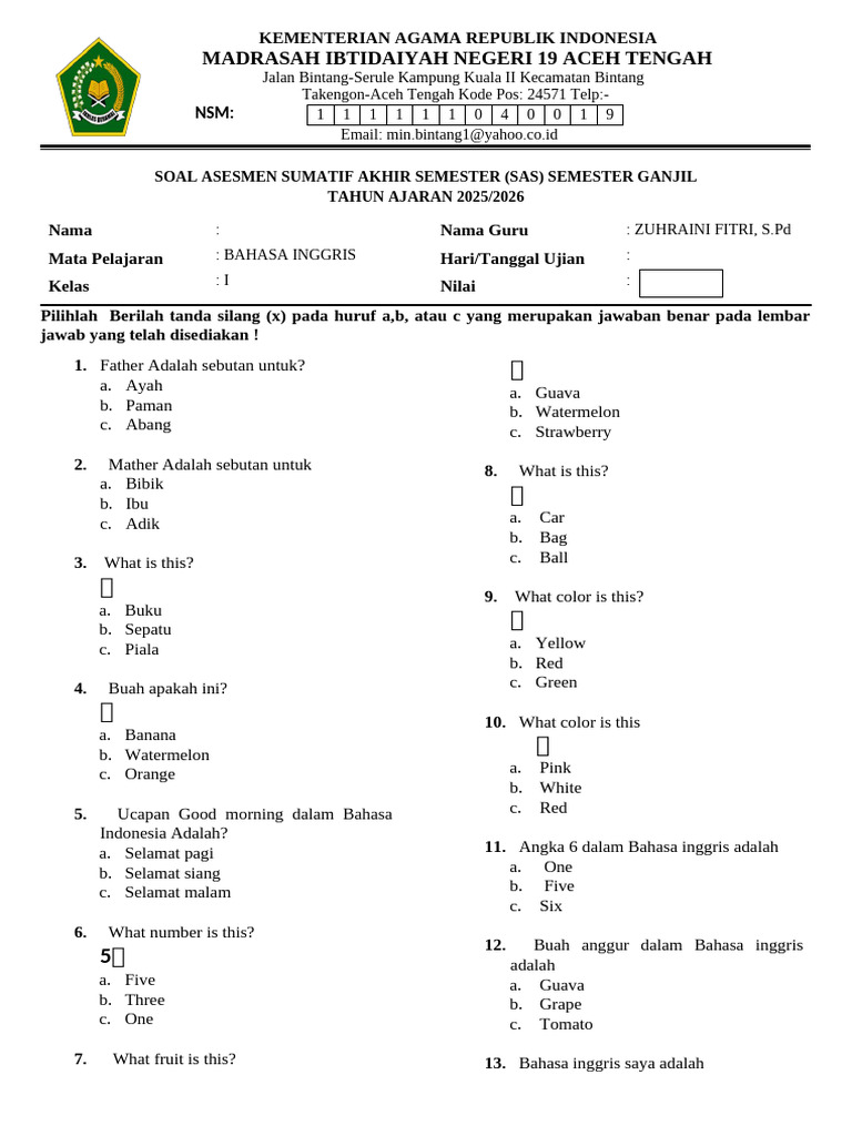 Soal Bahasa Inggris Kelas I SAS 2025/2026 | PDF