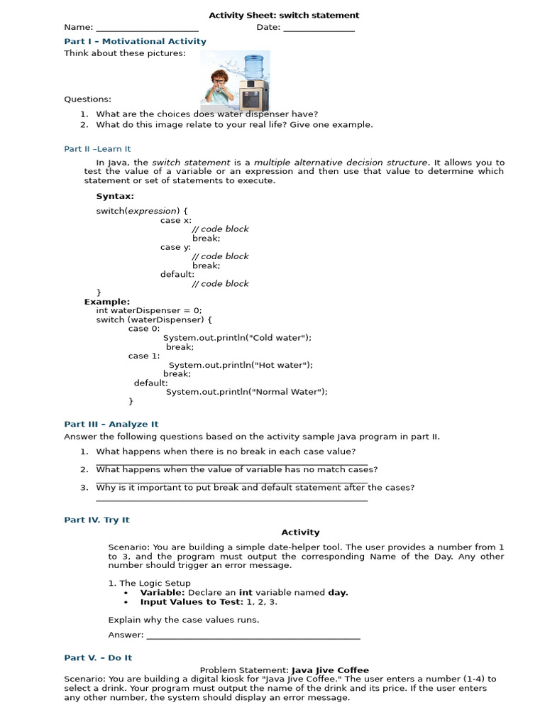 Java Switch Statement Activity Guide | PDF | Computer Programming ...