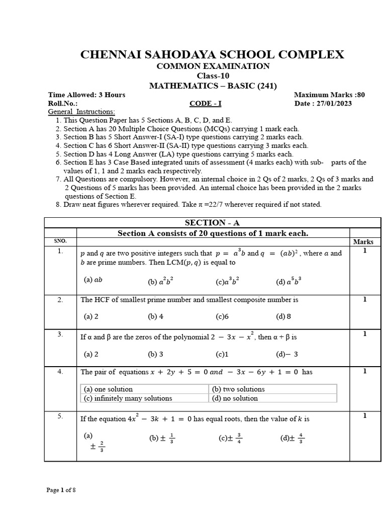 STD.X MATHS BASIC QP CODE 1 | PDF | Circle | Area