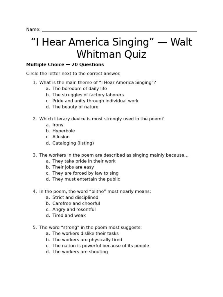 Walt Whitman "I Hear America Singing" Quiz | PDF | Walt Whitman | Poetry