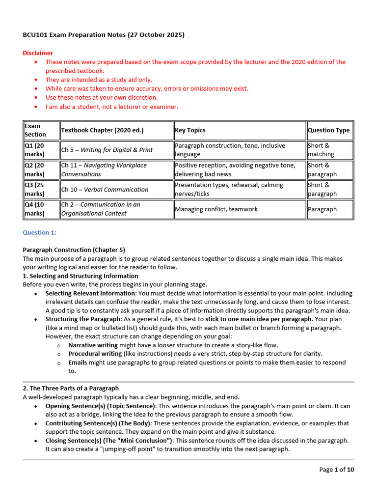 BCU101 Exam Prep Notes for 2025 | PDF | Communication | Body Language