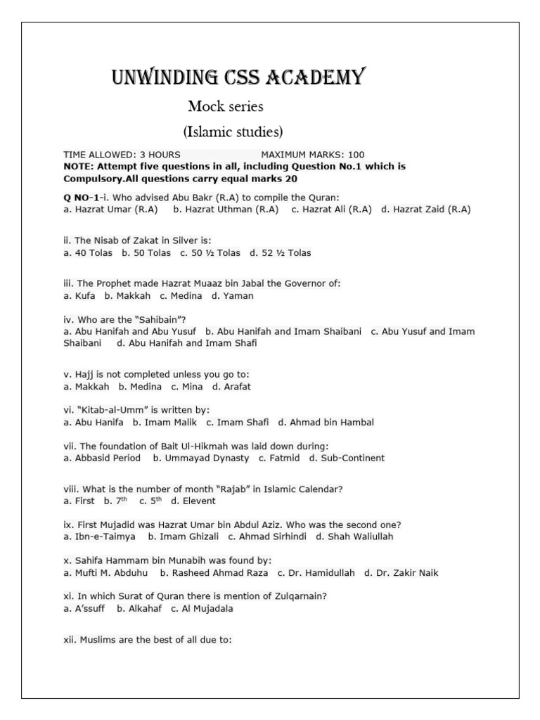 Islamic Studies Mock Exam Questions | PDF | Islamic Branches | Islamic ...
