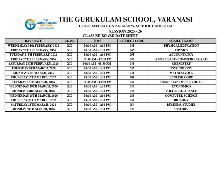 Tentative Datesheet (2025-26) - Class 12 Revised | PDF