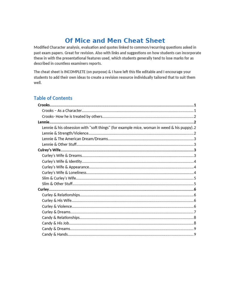 Of Mice and Men Character Analysis Guide | PDF