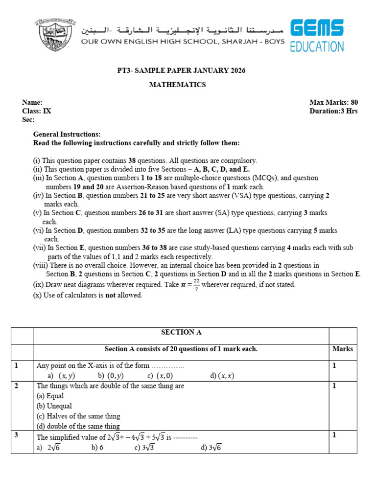 Class IX Mathematics Sample Paper 2026 | PDF | Euclidean Geometry ...