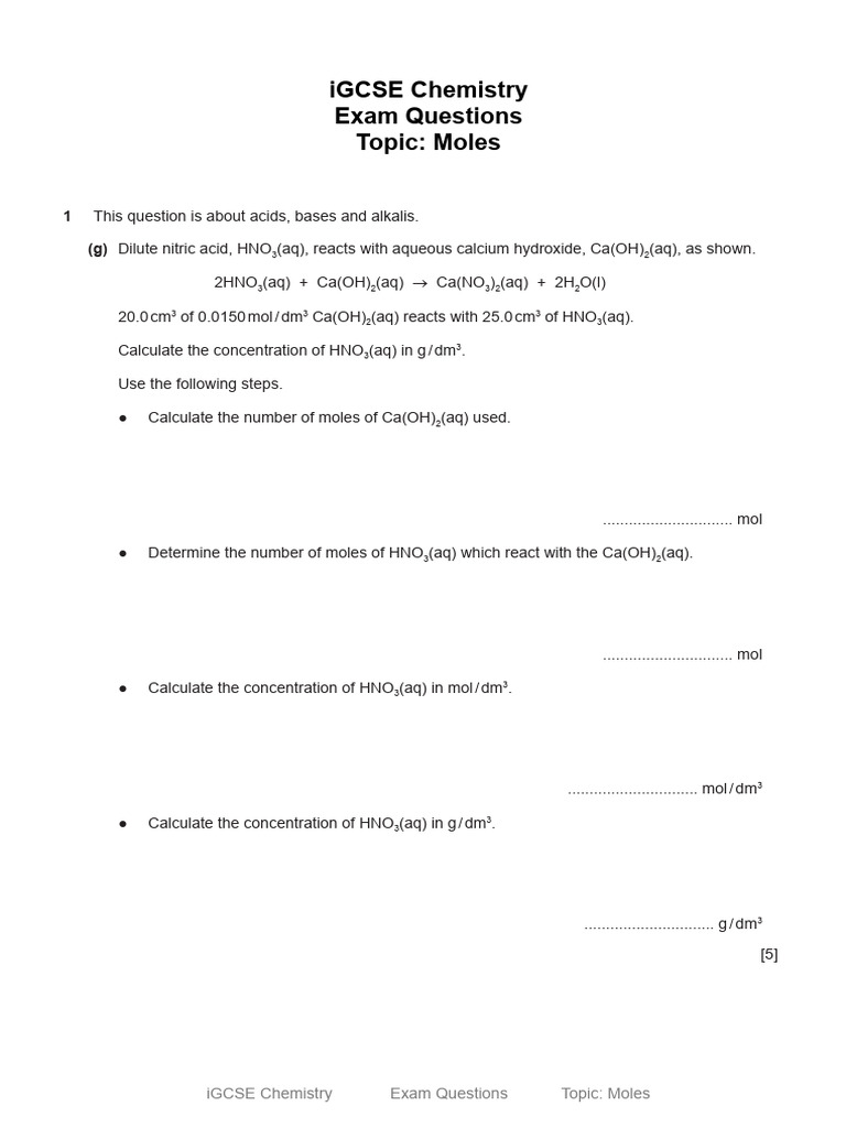 Moles IGCSE Questions | PDF | Nitric Acid | Mole (Unit)