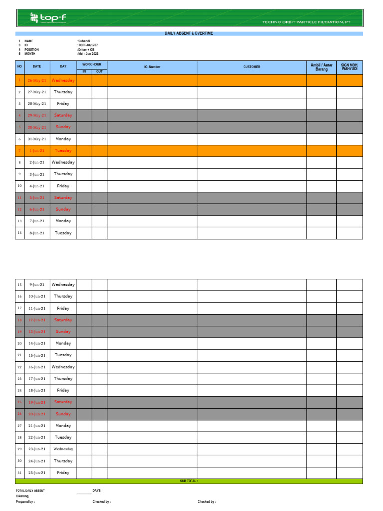 Driver Attendance and Overtime Log | PDF