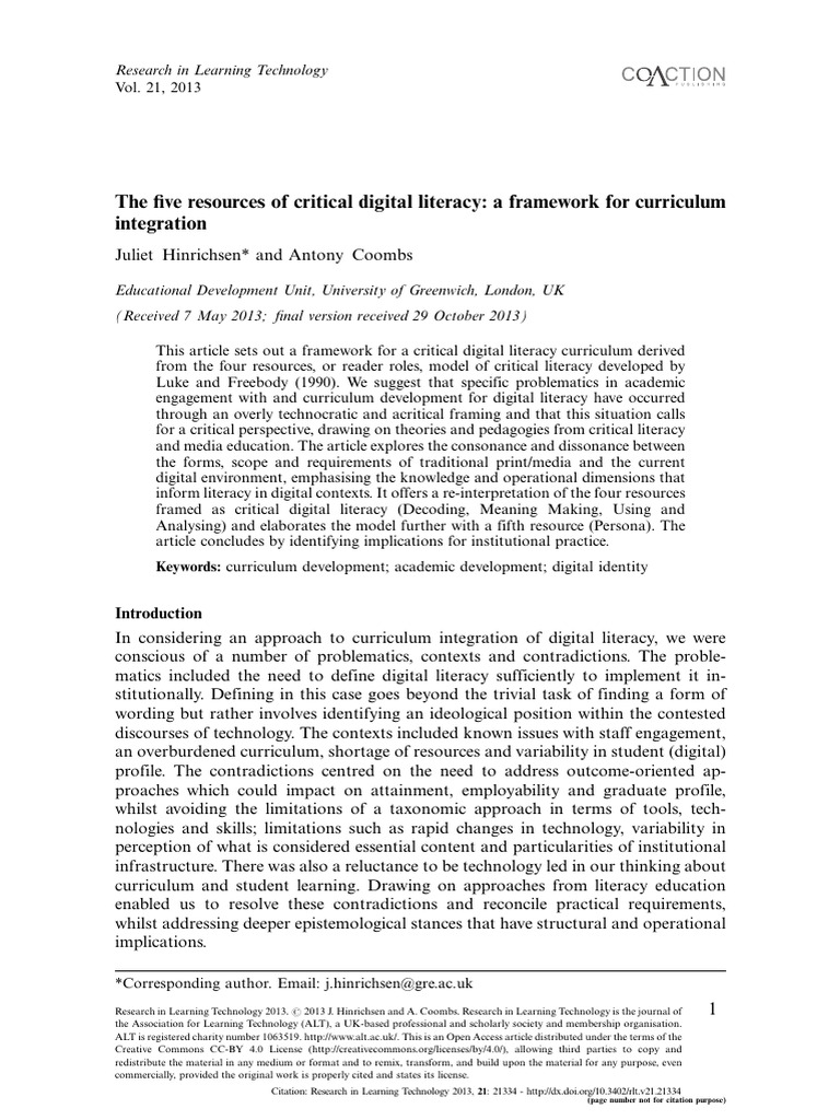 The five resources of critical digital literacy a framework for curriculum | PDF | Literacy ...