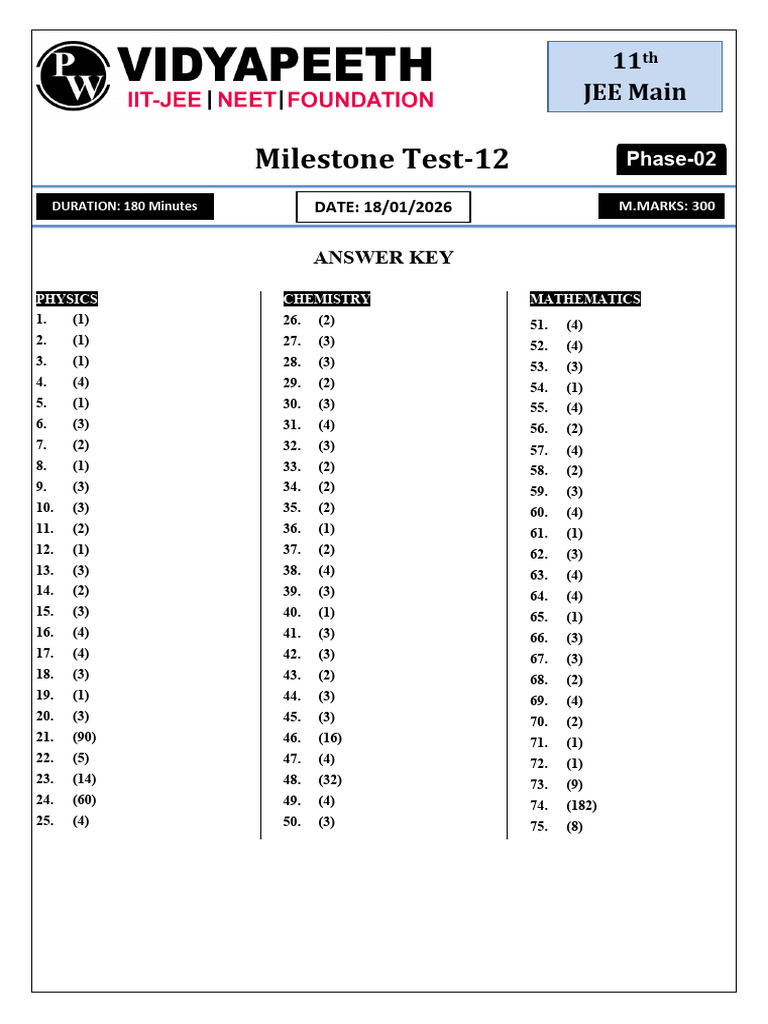 Milestone Test-12 Class-11th Phase-02 Main 18-01-2026 Solution | PDF ...
