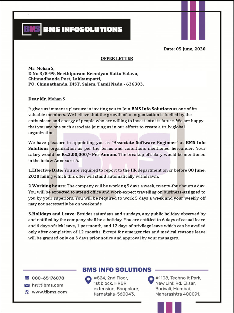 BMS Info Solutions Offer Letter | PDF | Employment | Salary