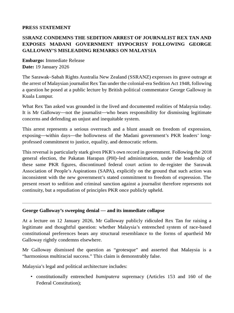 PRESS STATEMENT SSRANZ CONDEMNS THE SEDITION ARREST OF JOURNALIST REX ...