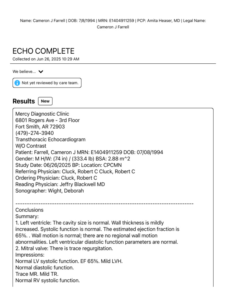 Echocardiogram Results for Cameron Farrell | PDF | Heart Valve ...