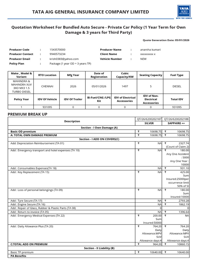 Tata AIG Motor Premium Quote_3184_QT266200202187 | PDF | Insurance ...
