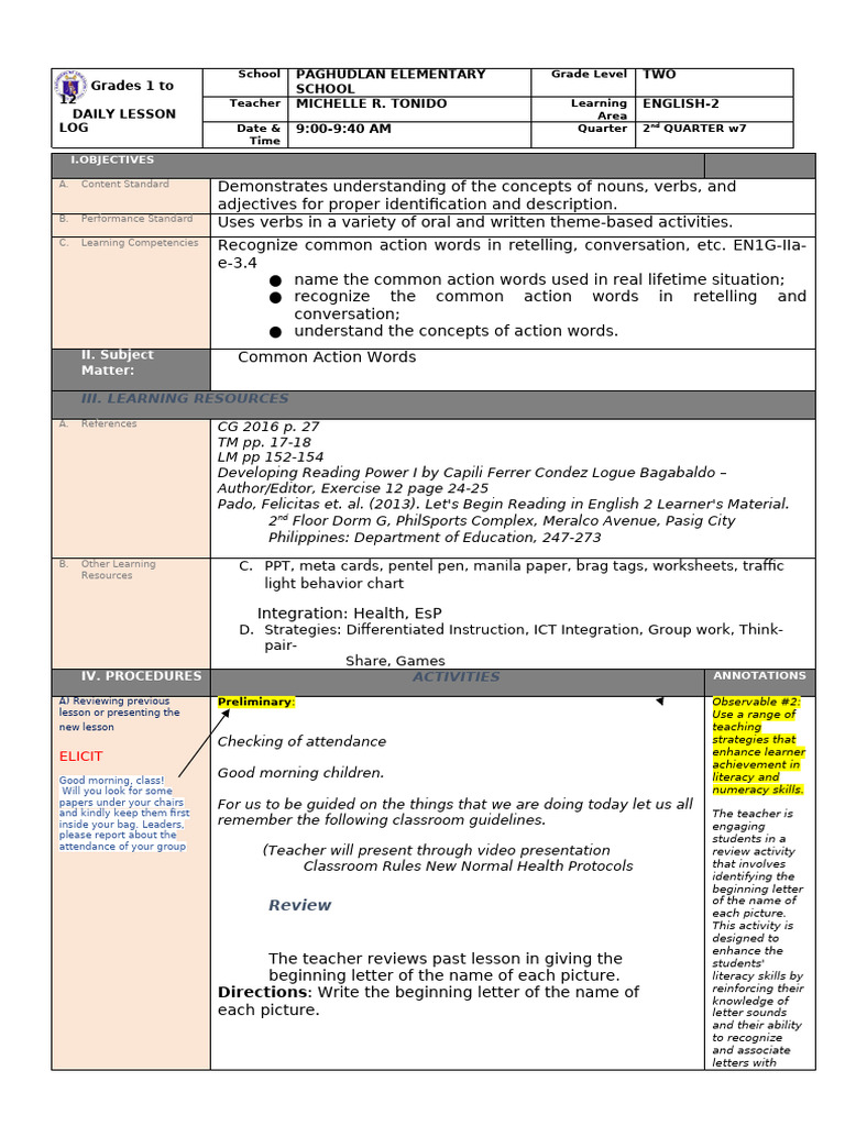 Lesson PLan ENGLISH GRADE 2 Q 2 Action Words Michelle r. Tondio | PDF ...