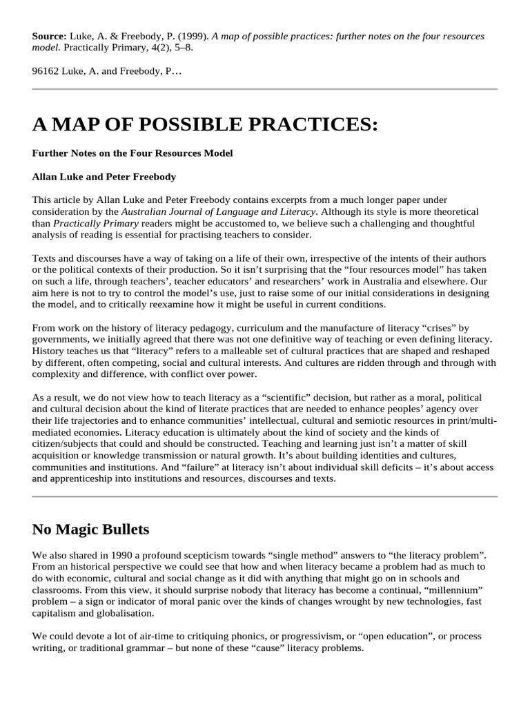 Notes On The Four Resources Model | PDF | Literacy | Teachers