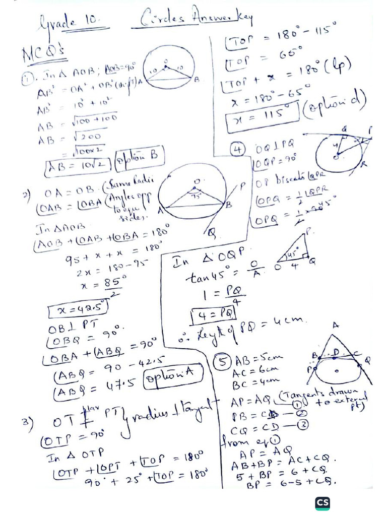 Grade 10 Circles Answer Key (Worksheet) | PDF