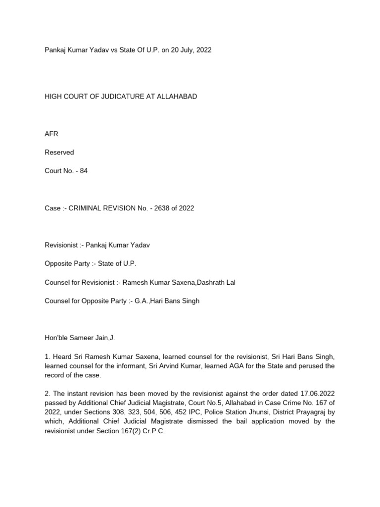 Pankaj Kumar Yadav vs State of U | PDF | Bail | Magistrate